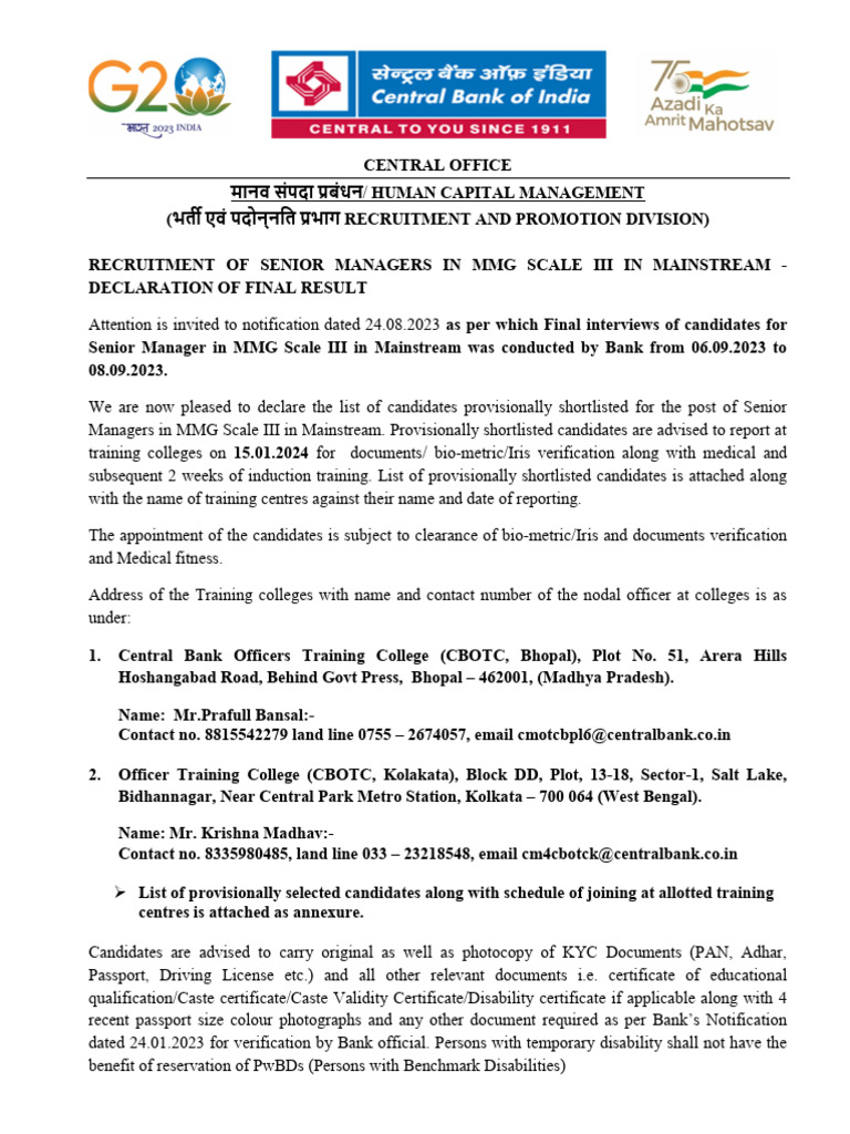 Notification of Recruitment of Senior Managers in MMG Scale III in ...