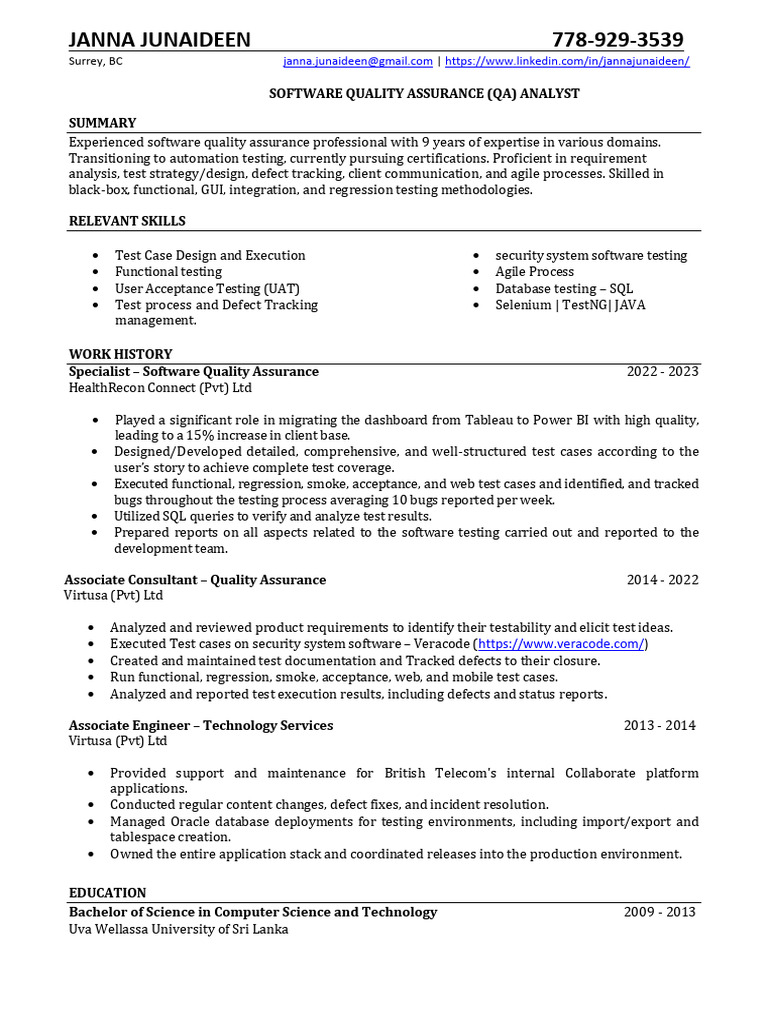 Software QA Analyst Resume | PDF | Software Testing | Software