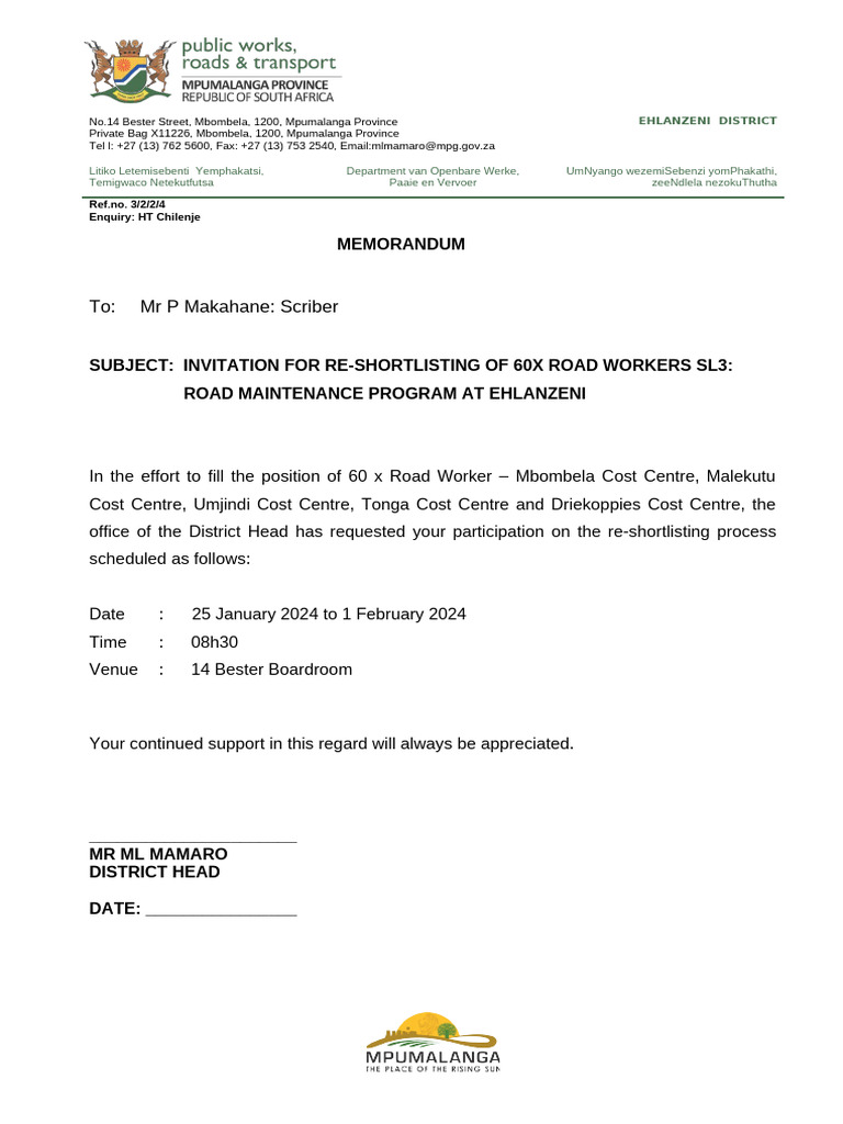 Invitation For Shortlisting Road Workers Jan 2024 | PDF | Social Science