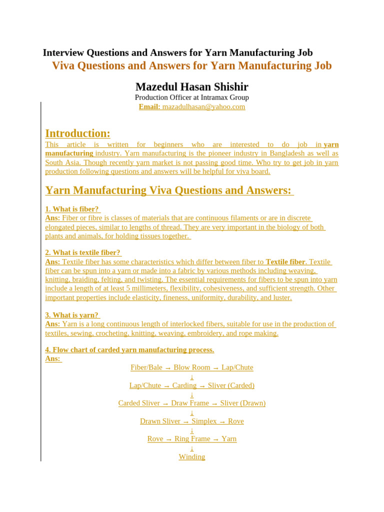 Interview Questions and Answers For Yarn Manufacturing Job | PDF | Yarn ...
