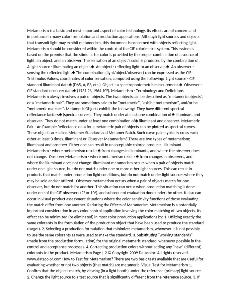 Metamerism Is A Basic and Most Important Aspect of Color Technology ...