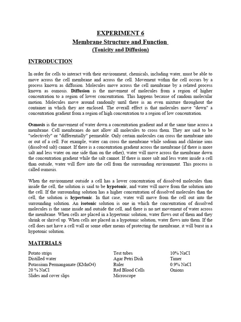 Experiment 6 - Membrane structure and function | PDF | Osmosis | Cell ...