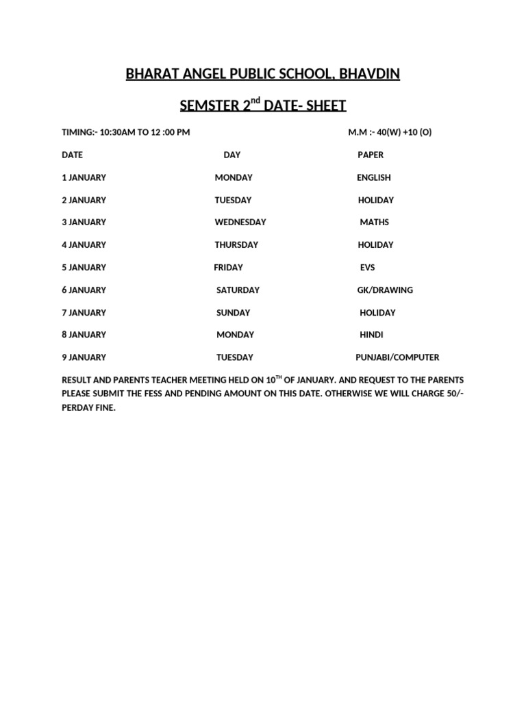 Bharat Angel Public School Semester 2 Schedule | PDF