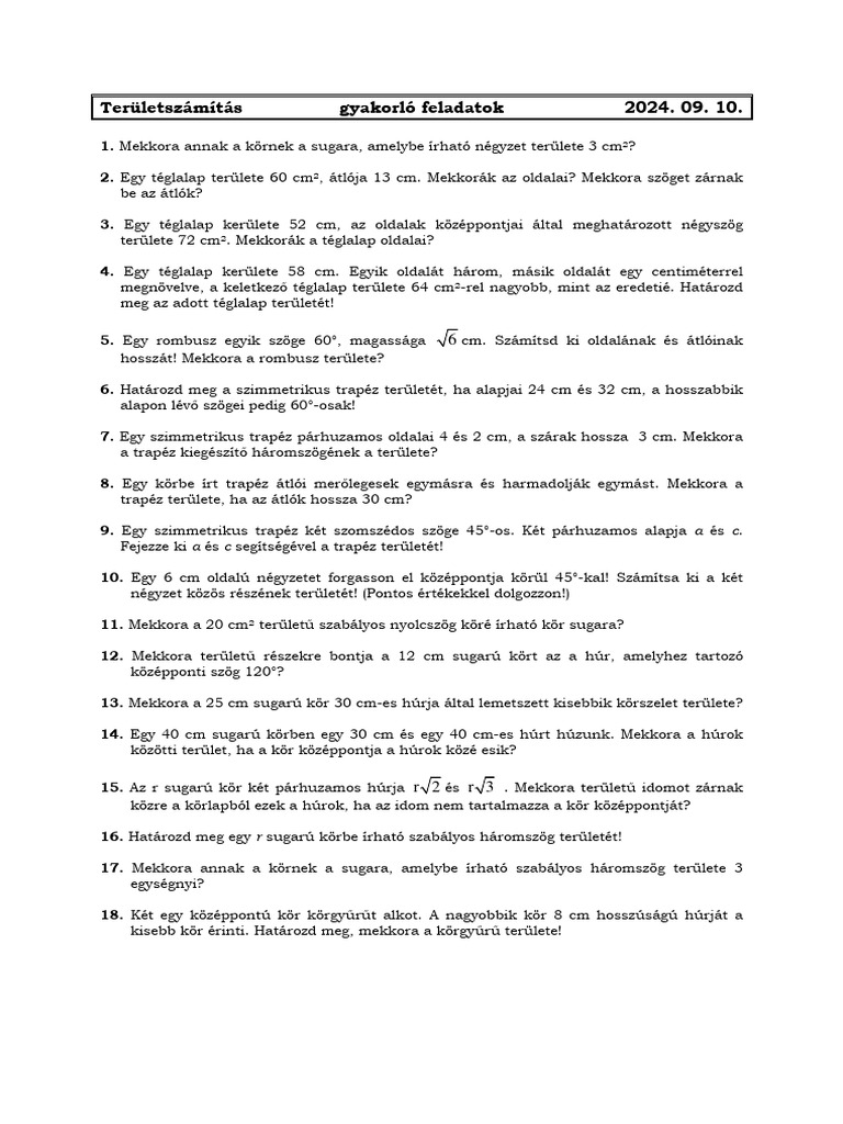 Területszámítás Gyakorló Feladatok 2024. 09. 10.: A C A C | PDF