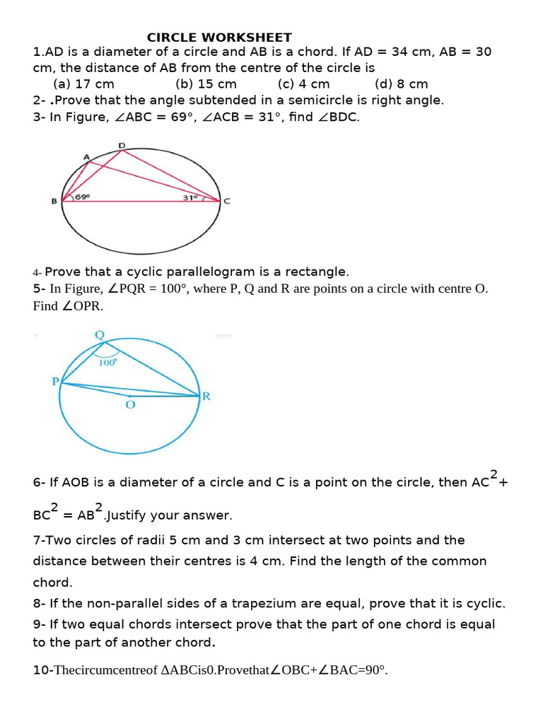 Circle Worksheet Class 9 | PDF | Circle | Euclidean Plane Geometry