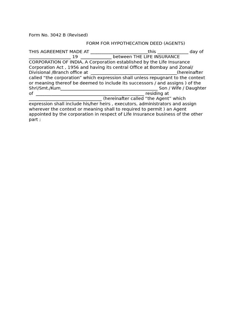 Form For Hypothecation Deed (Agents) | PDF
