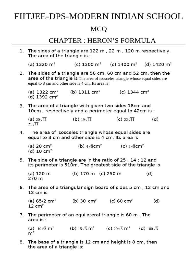 Herons Formula Mcq Pdf Area Triangle