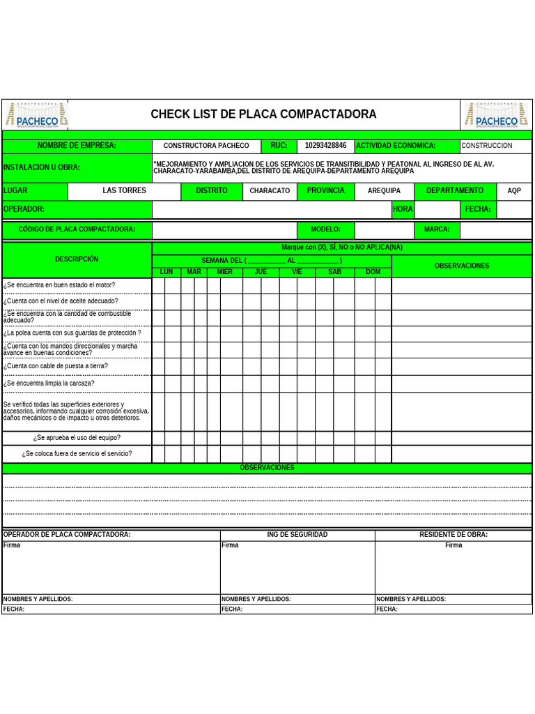 Check List Placa Compactadora | PDF | Tecnología e ingeniería