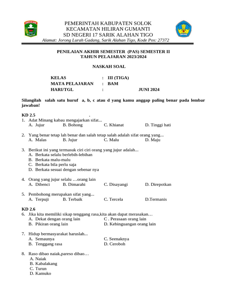 Soal Pas Bam 2024 | PDF