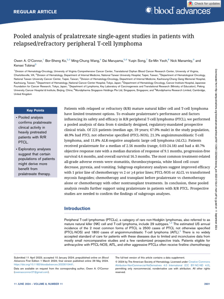 Pralatrexate Polled Analysis | PDF | Lymphoma | Phases Of Clinical Research