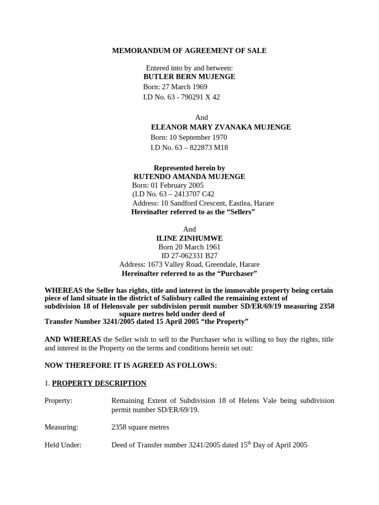 Agreement of Sale Mrs Zinhumwe Helens Vale Property & Mujenge Family ...