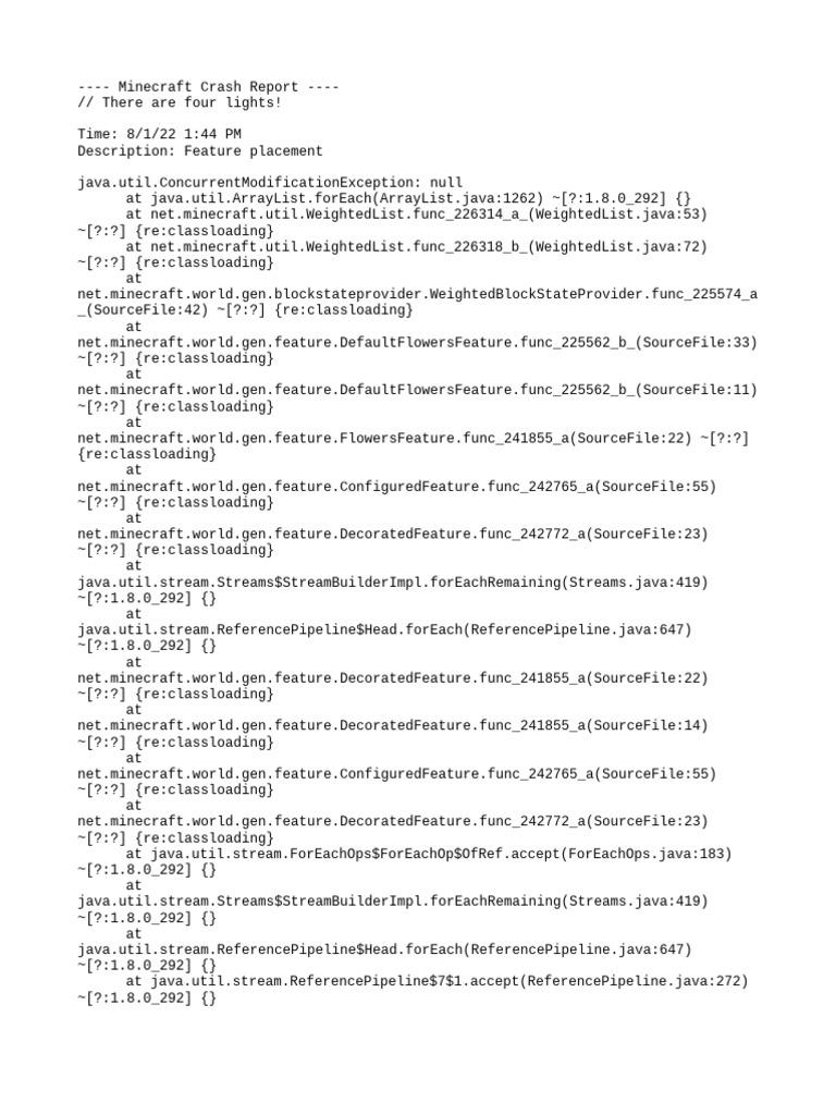 Minecraft Crash Report: Feature Placement Error | PDF | Logging | Java Virtual Machine