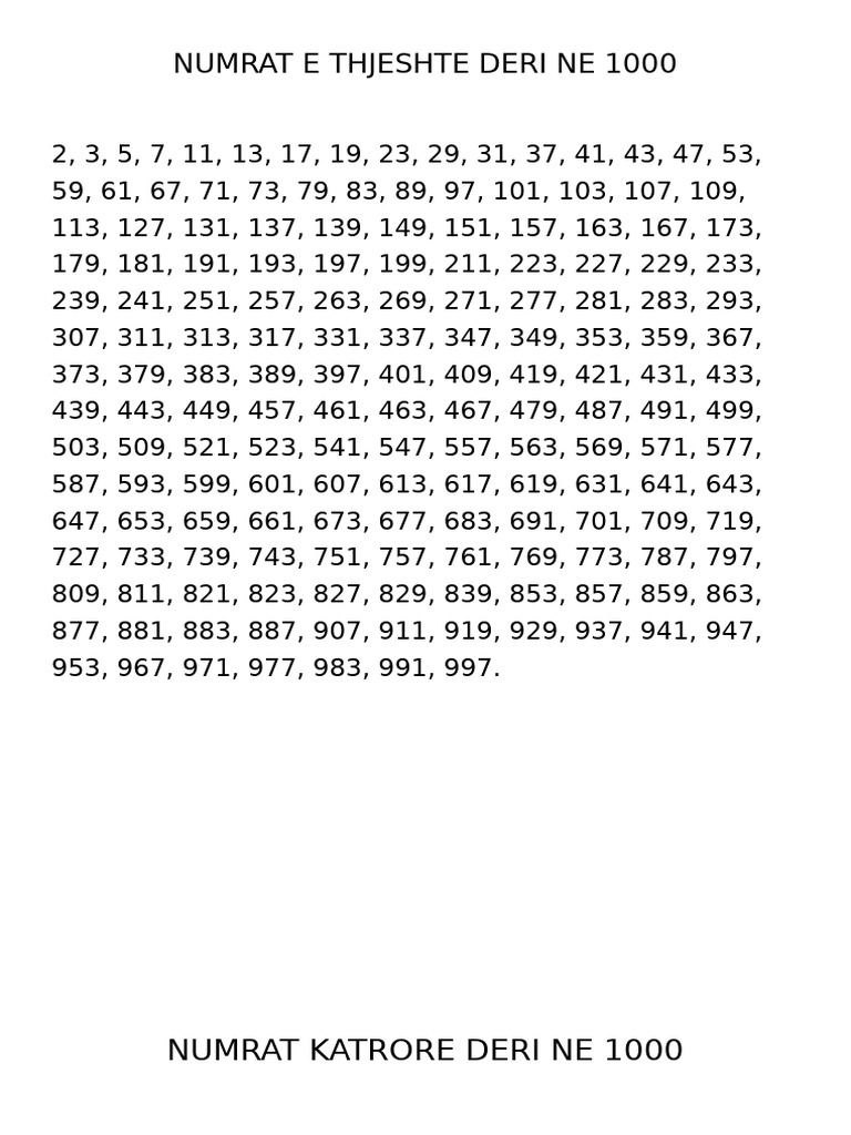 Numrat e Thjeshte. Kubike. Katrore Deri Ne 1000 | PDF