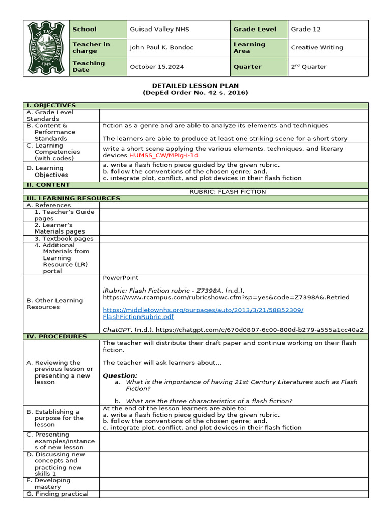 Rubric For Flash Fiction | PDF | Plot (Narrative) | Teachers