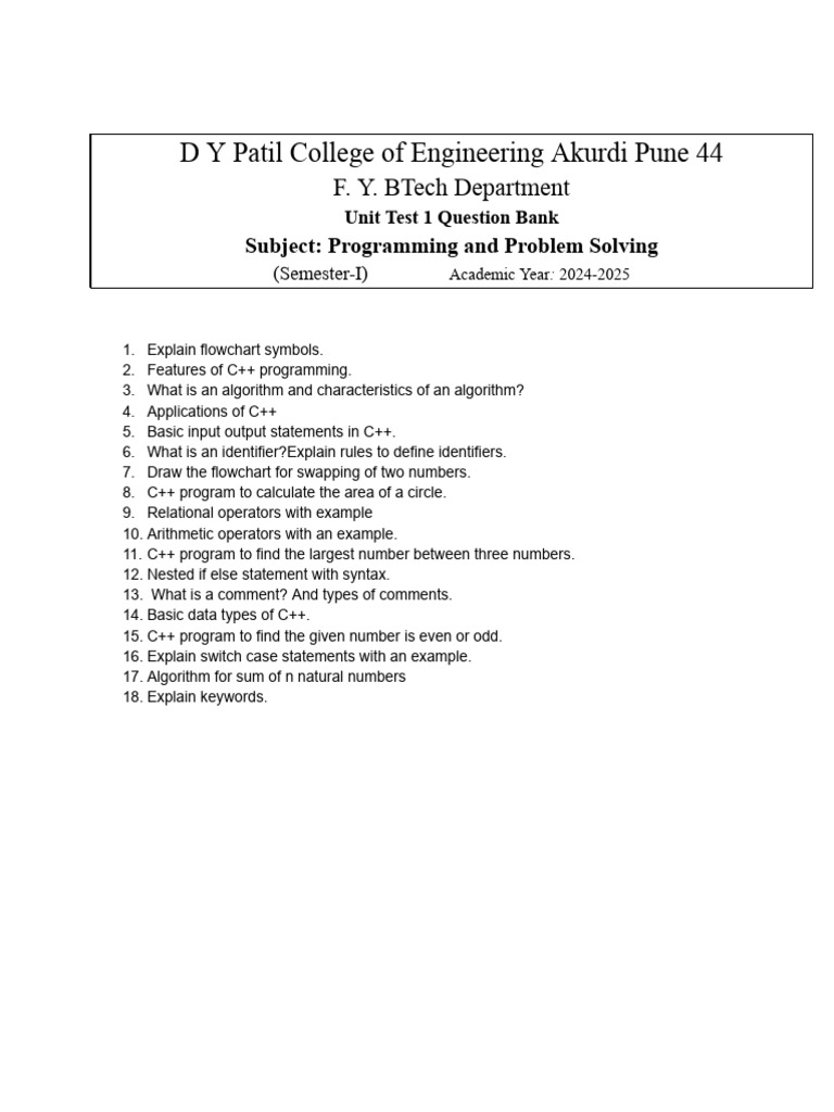 PPS UT 1 Question Bank On Unit 1 and Unit 2 | PDF | Computers