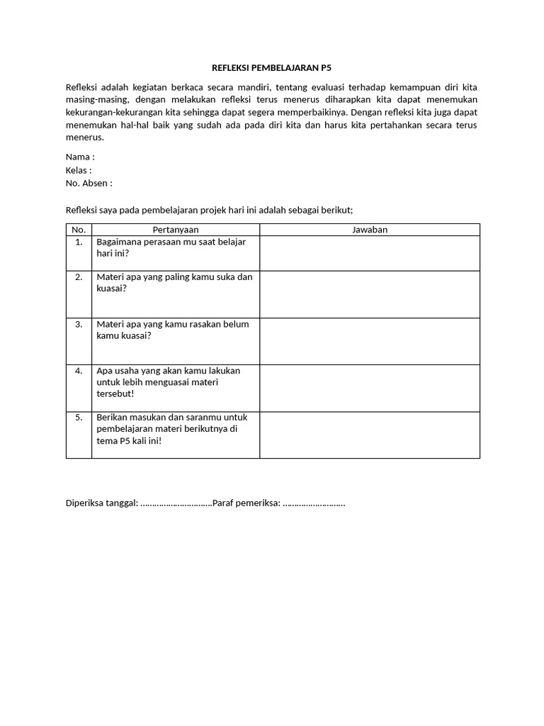 Refleksi Pembelajaran P5 | PDF | Pengembangan Diri | Sains & Matematika
