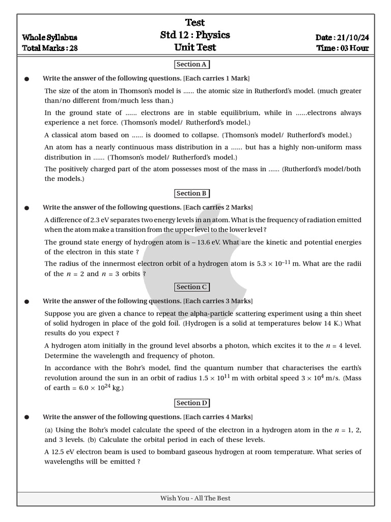 Class 12 CH - 12 Physics Answer Key of Textual Exercise | PDF | Atoms | Electron