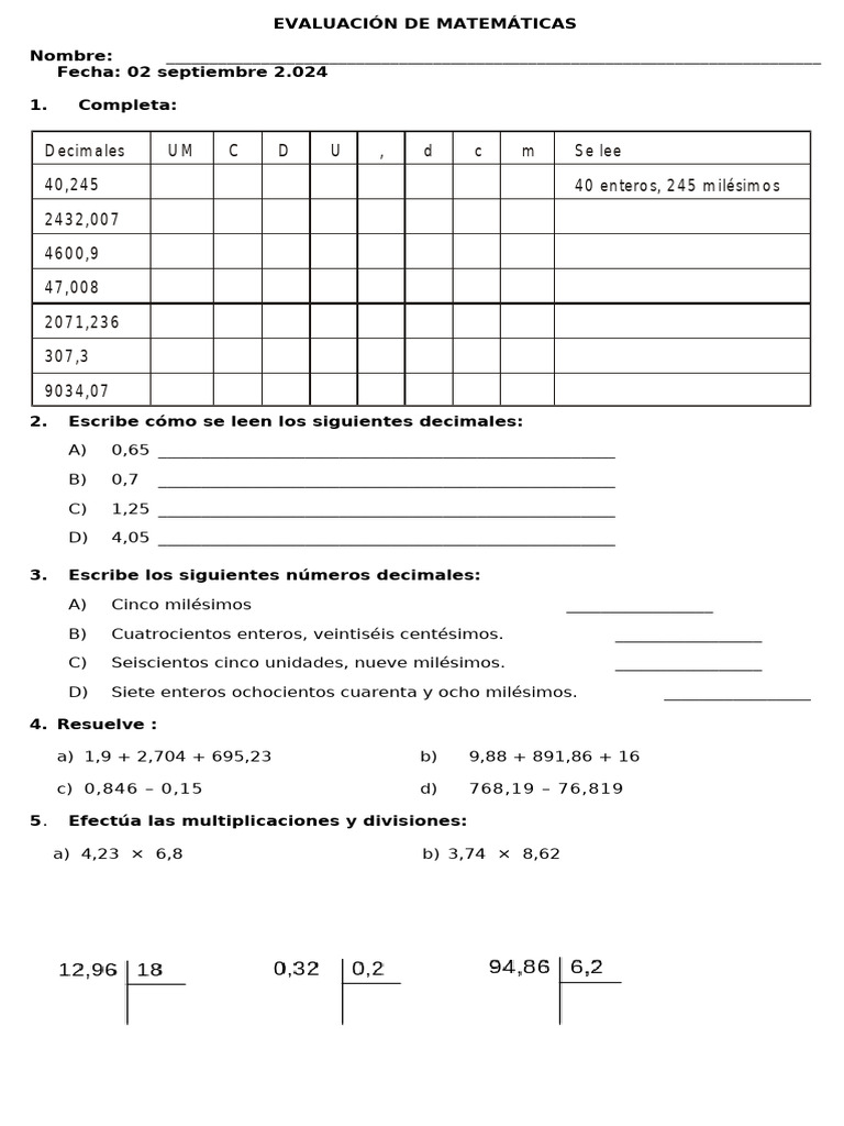 Eval. de matematicas decimales | PDF Eval. de matematicas decimales | PDF