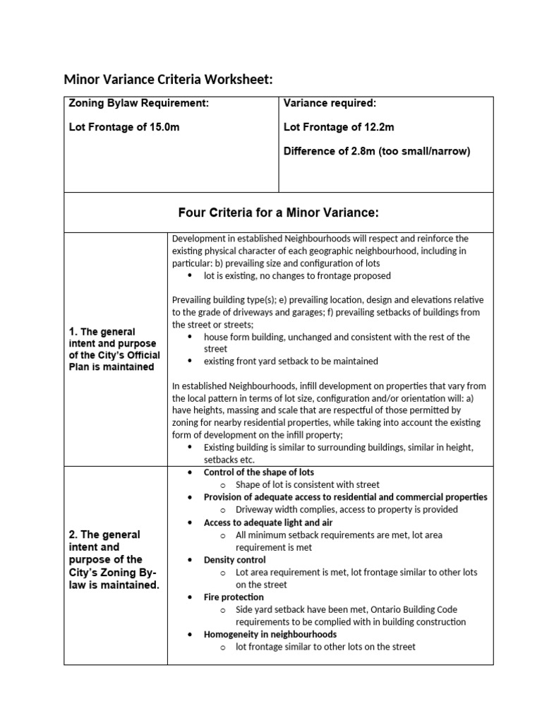 Minor Variance Criteria Worksheet - Tagged | PDF | Zoning | Urban Planning