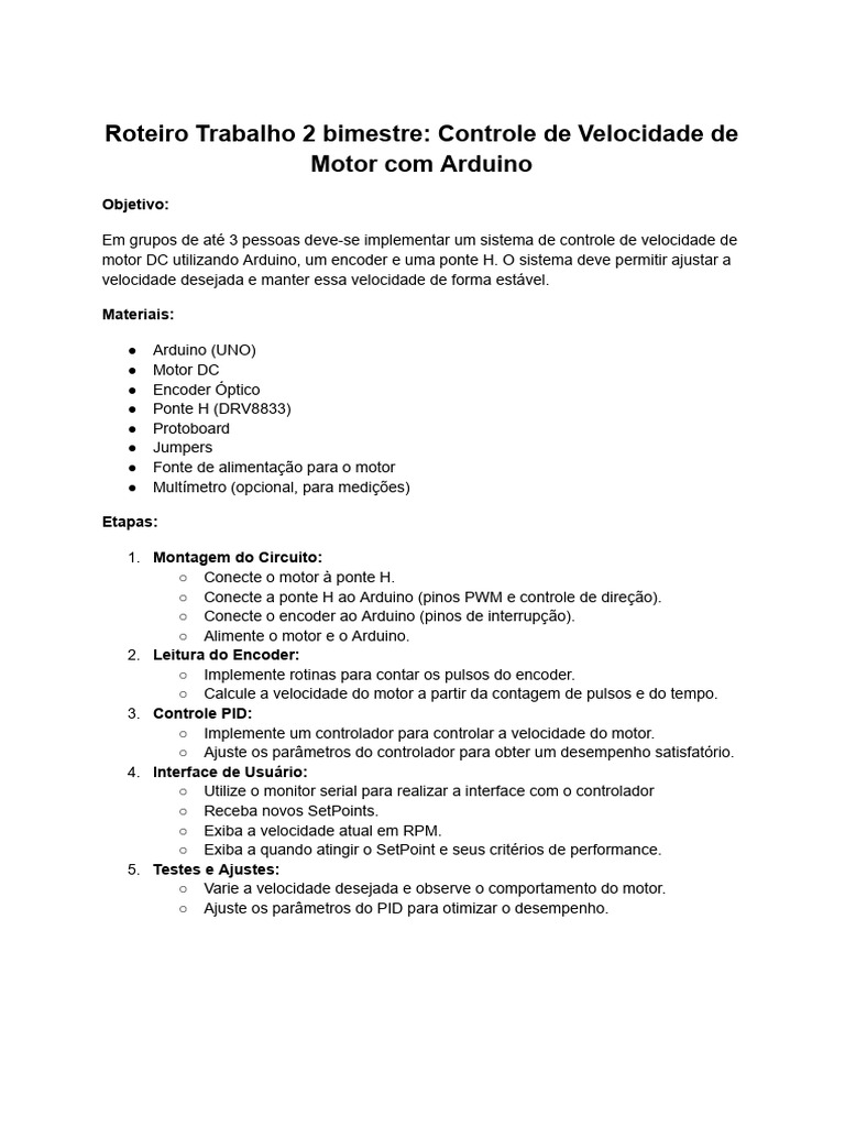 Roteiro Trabalho 2 Bimestre | PDF | Arduino | Motores