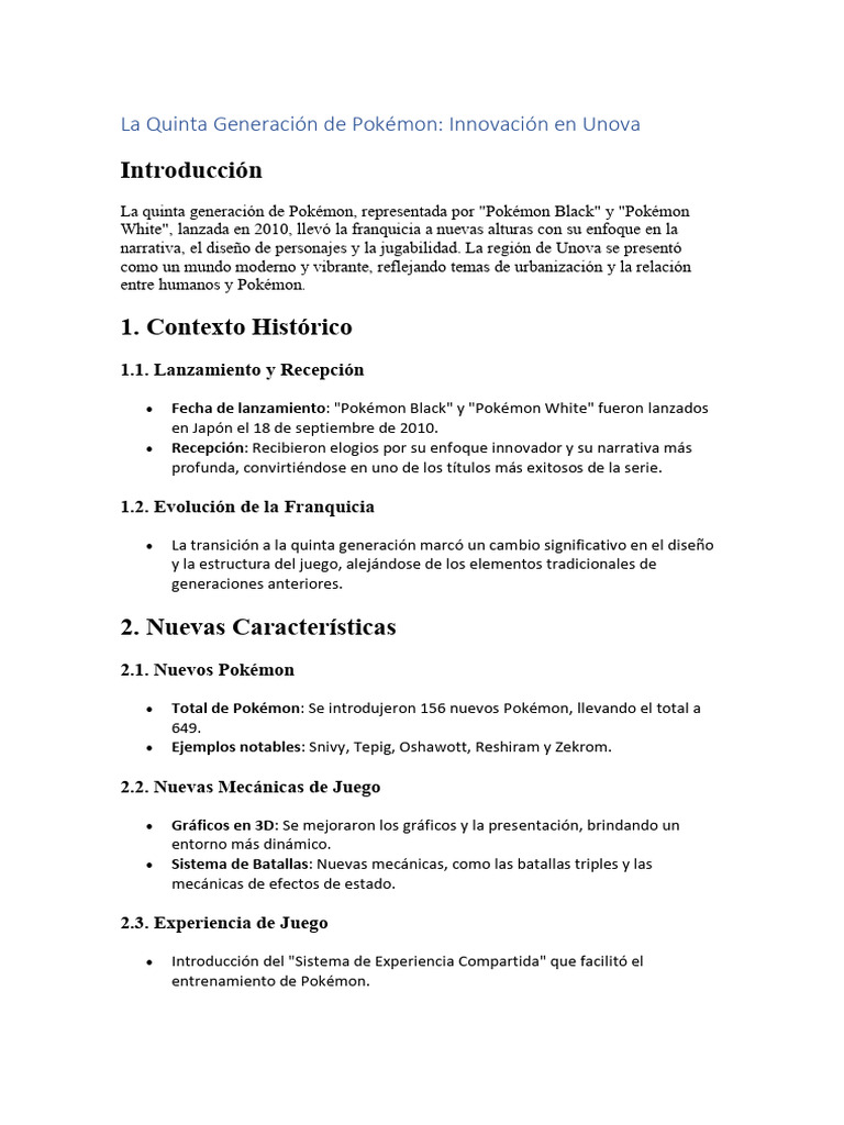 Quinta Generación de Pokémon en Unova | PDF