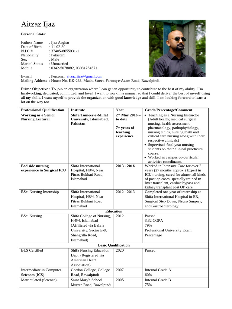 Aitzaz Ijaz's CV 2023 | PDF | Nursing | Surgery