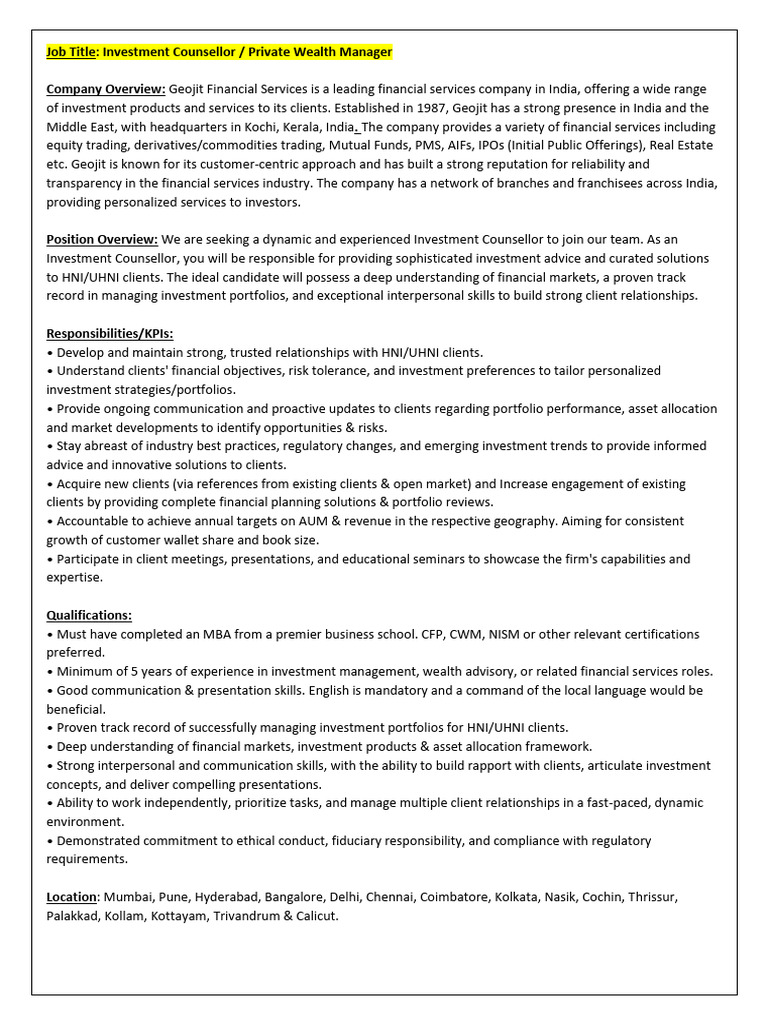 Job Description_PWM (1) | PDF | Investing | Investment Fund