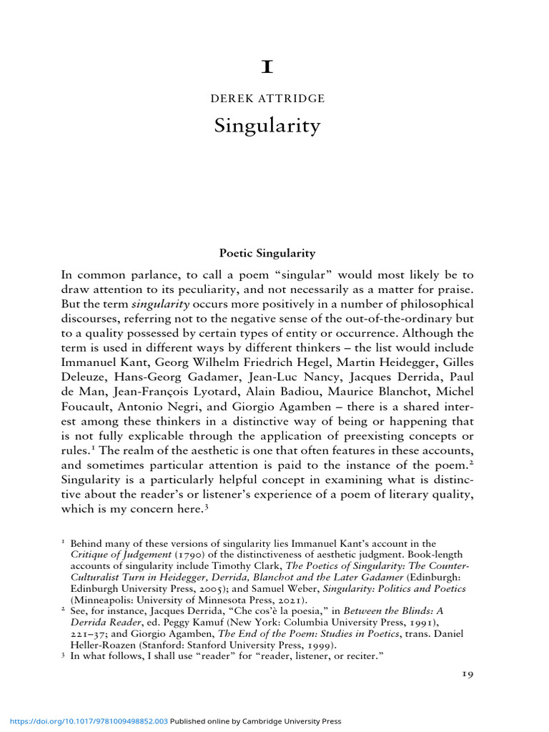 The Cambridge Companion To The Poem 2024 DEREK ATTRIDGE Singularity | PDF | Poetry | Metre (Poetry)