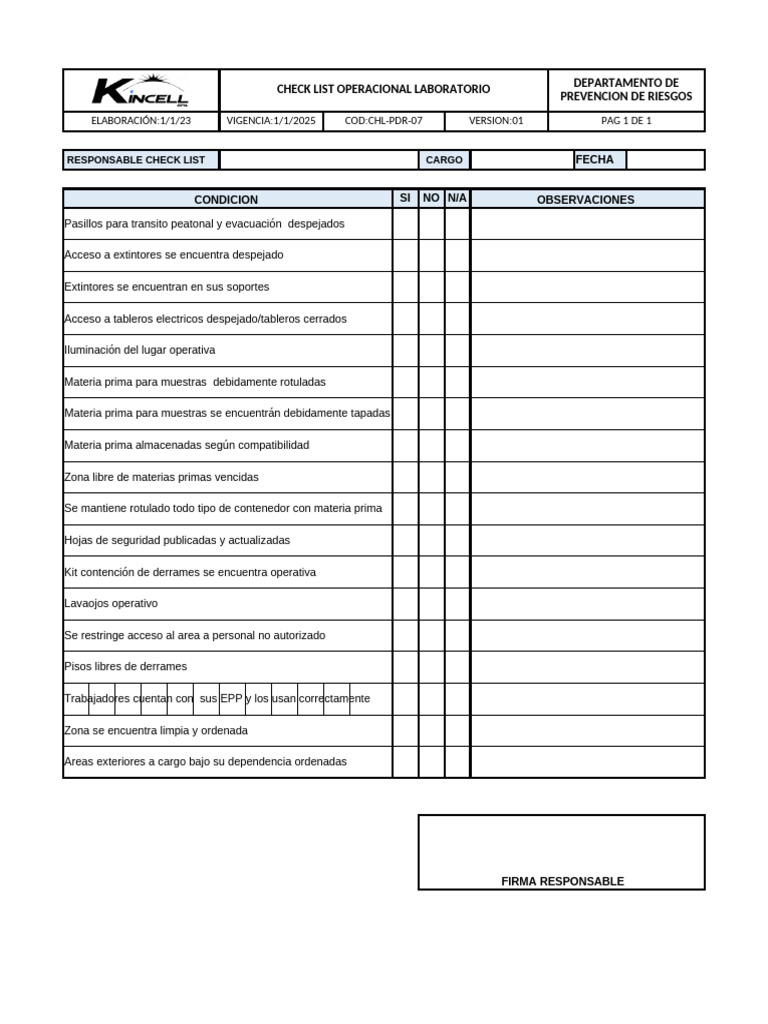 Check List Operacional Laboratorio | PDF
