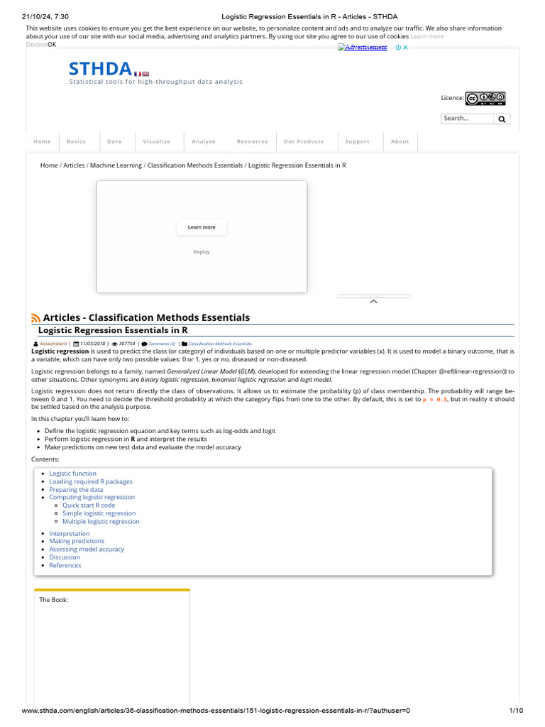 Logistic Regression Essentials in R - Articles - STHDA | PDF | Logistic ...