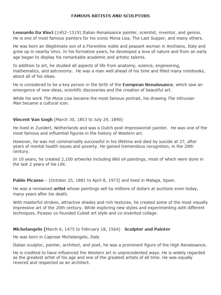 Famous Artists and Sculptors | PDF | Paintings | Renaissance