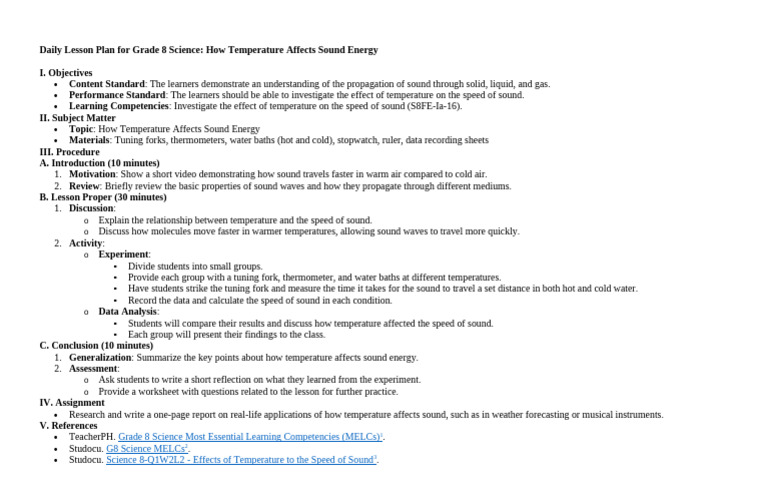 Daily Lesson Plan for Grade 8 Science | PDF | Sound | Temperature