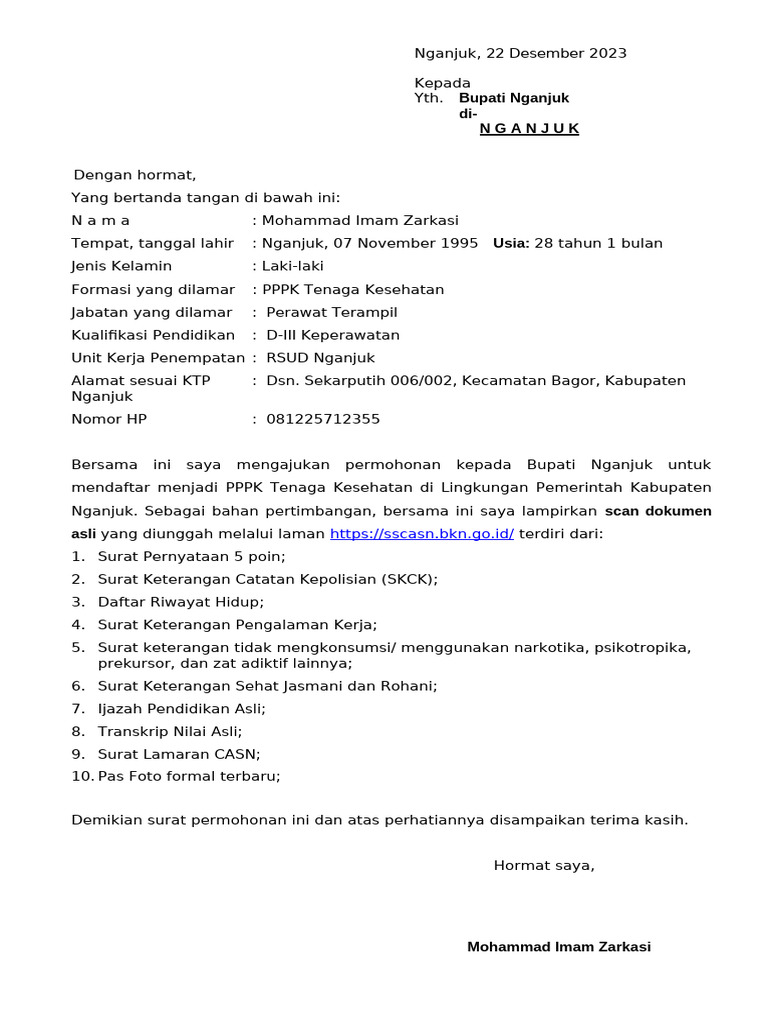 Surat Lamaran p3k Imam Zarkasi | PDF