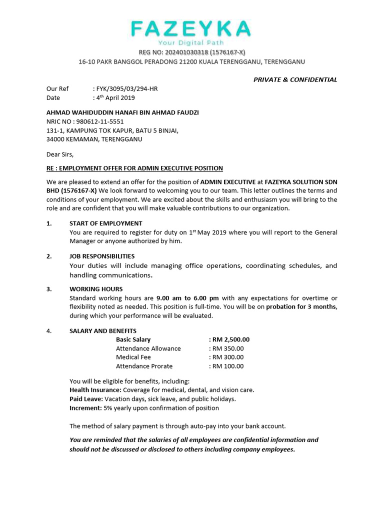 Offer Letter Ahmad Wahiduddin Hanafi Bin Ahmad Faudzi-1 | PDF ...