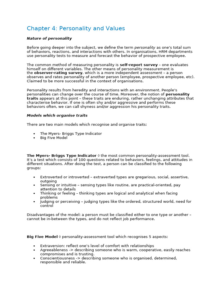 OB - Summary Note - Ch04 | PDF | Extraversion And Introversion | Behavioural Sciences