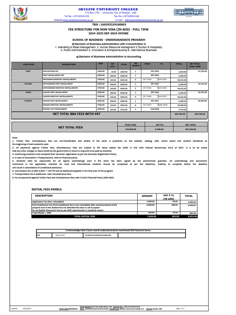 Skyline University BBA Fee Structure 2024 | PDF | Fee | Value Added Tax