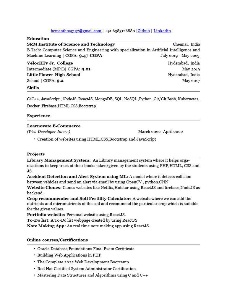 Hemanth Nag Resume Latest | PDF