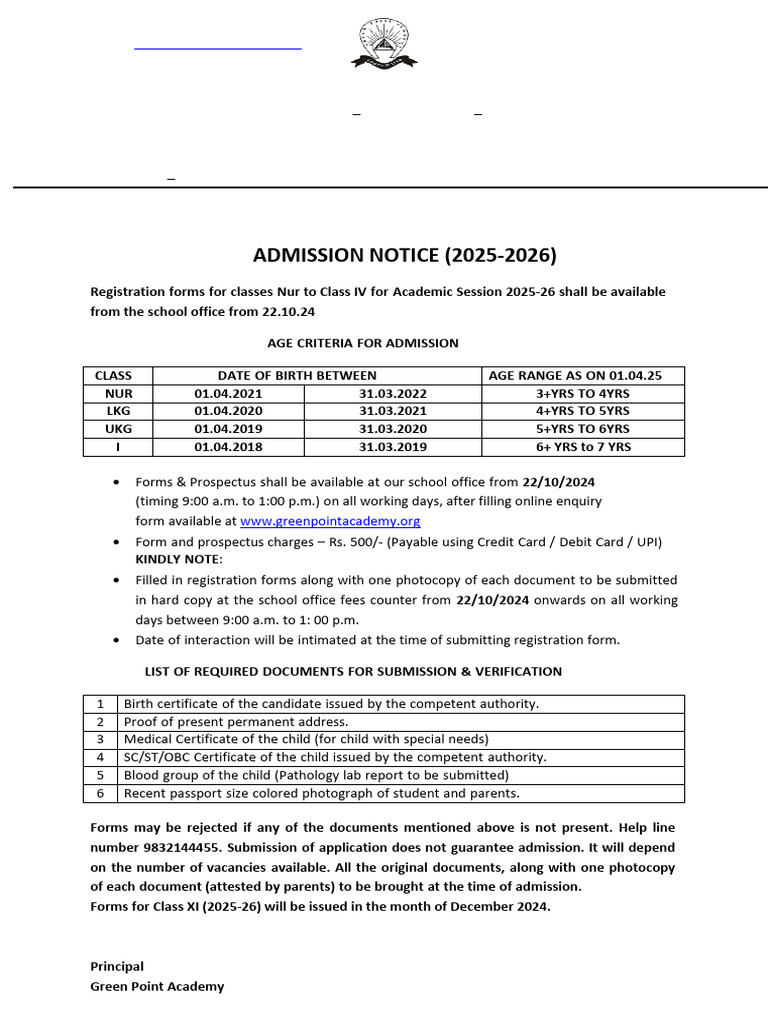 Green Point Academy Admission Notice 2025-26 | PDF | Government And ...
