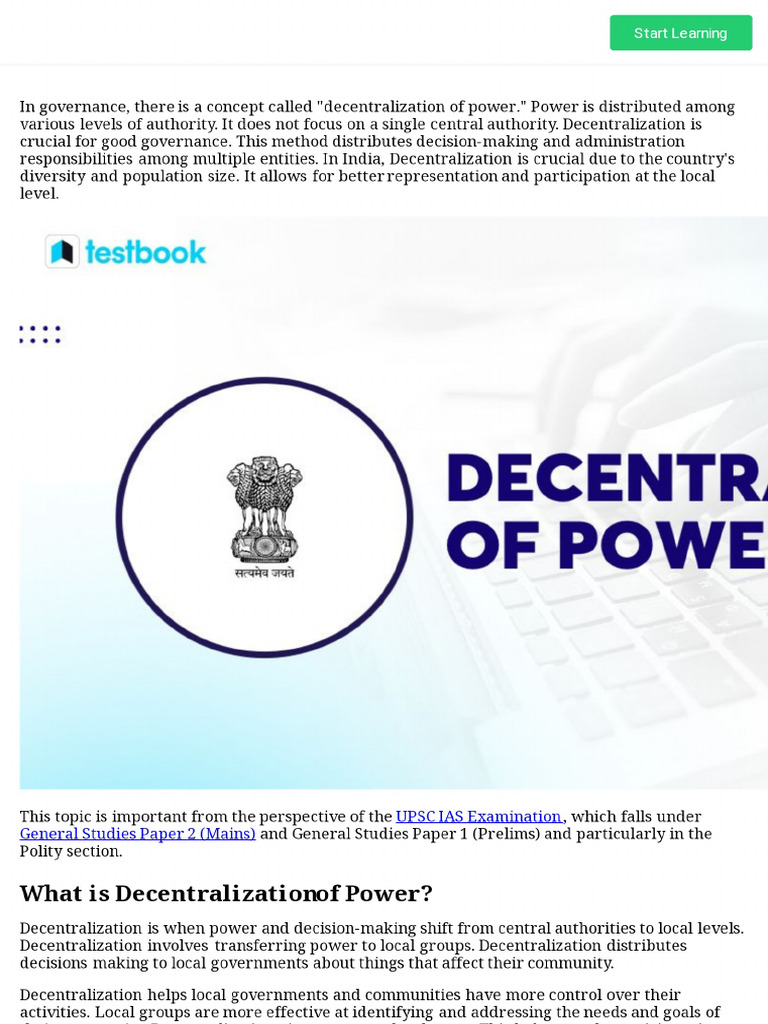 Decentralization of Power - Meaning, Types & Significance - UPSC | PDF