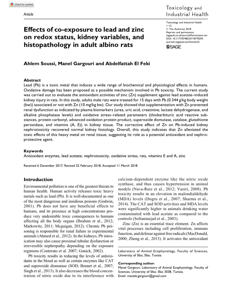 Effects of Co-Exposure To Lead and Zinc On Redox Status, Kidney ...