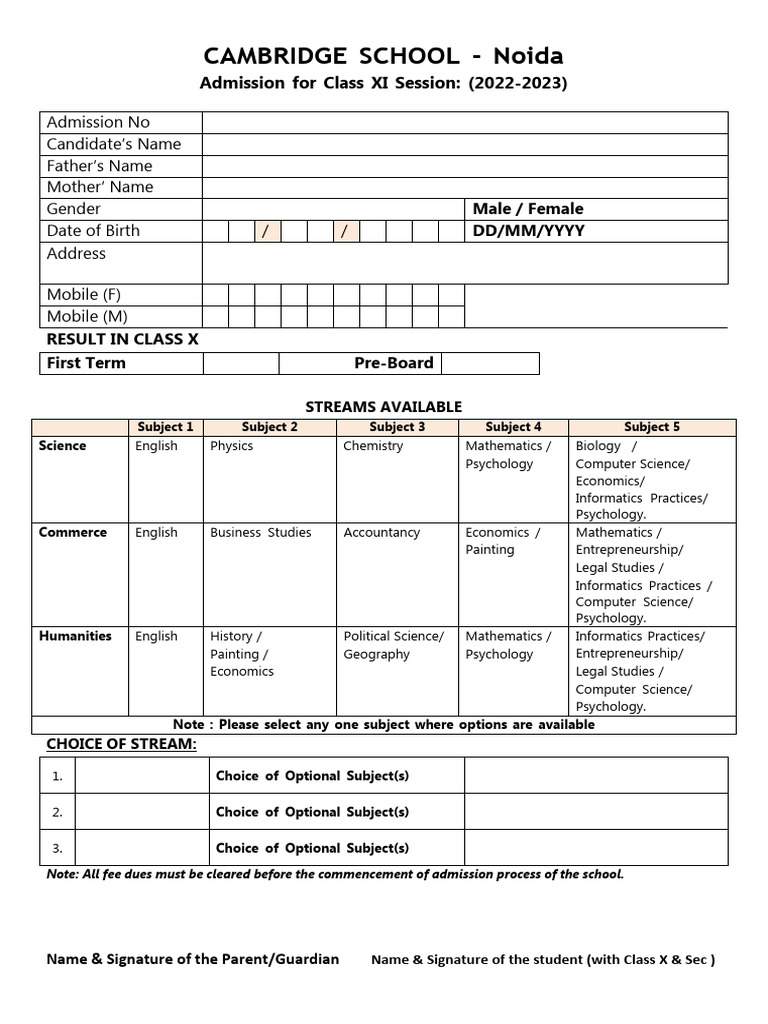 Cambridge School Noida Class XI Admission Form | PDF | Science