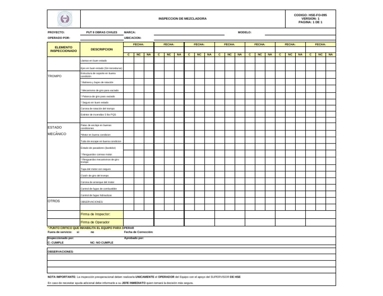 HSE-F-095. Inspección de Mezcladora (V1) | PDF | Vehículo de motor HSE-F-095. Inspección de Mezcladora (V1) | PDF | Vehículo de motor