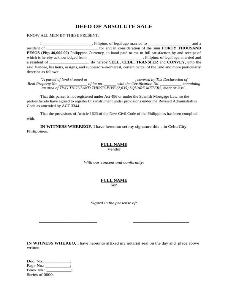 Deed of Absolute Sale Template | PDF