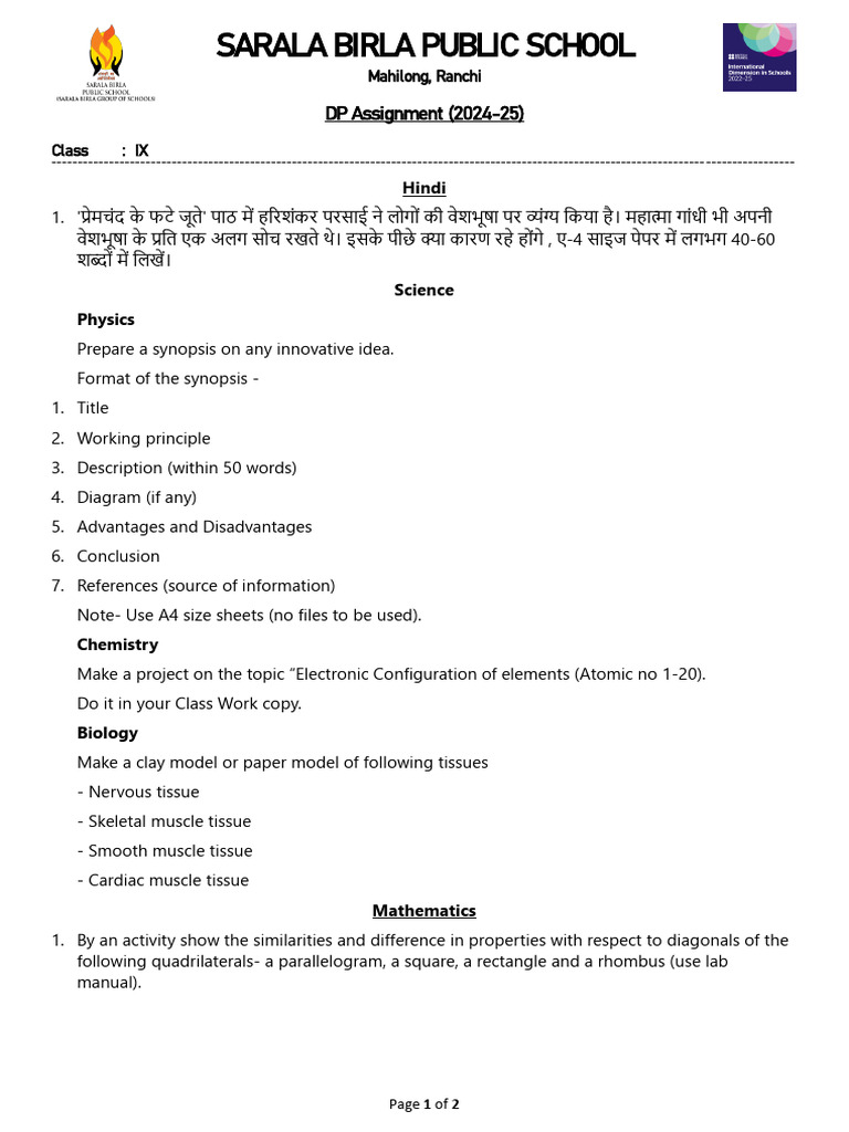 Class IX DP Assignment Guidelines | PDF