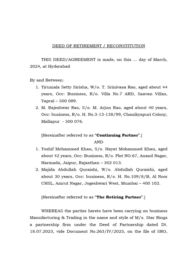 Star Rings_Partnership Firm_retirement Deed_draft _ 11.03.2024 | PDF ...