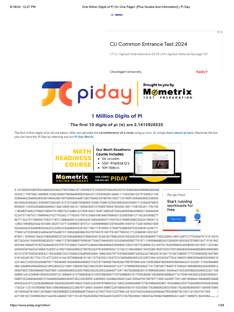 One Million Digits of Pi On One Page! - (Plus Guides and Information ...