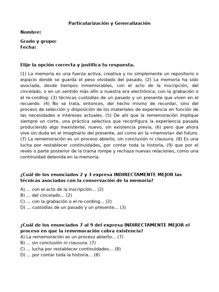 Particularización en la Memoria y Lectura | PDF | Conocimiento | Memoria