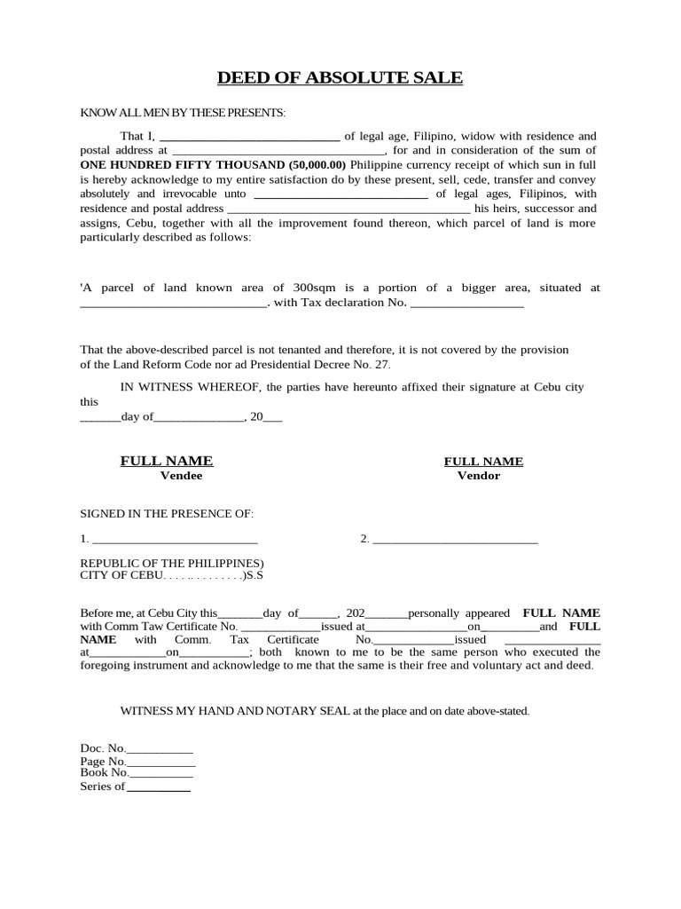 Deed of Absolute Sale for 300sqm Lot | PDF | Deed | Private Law