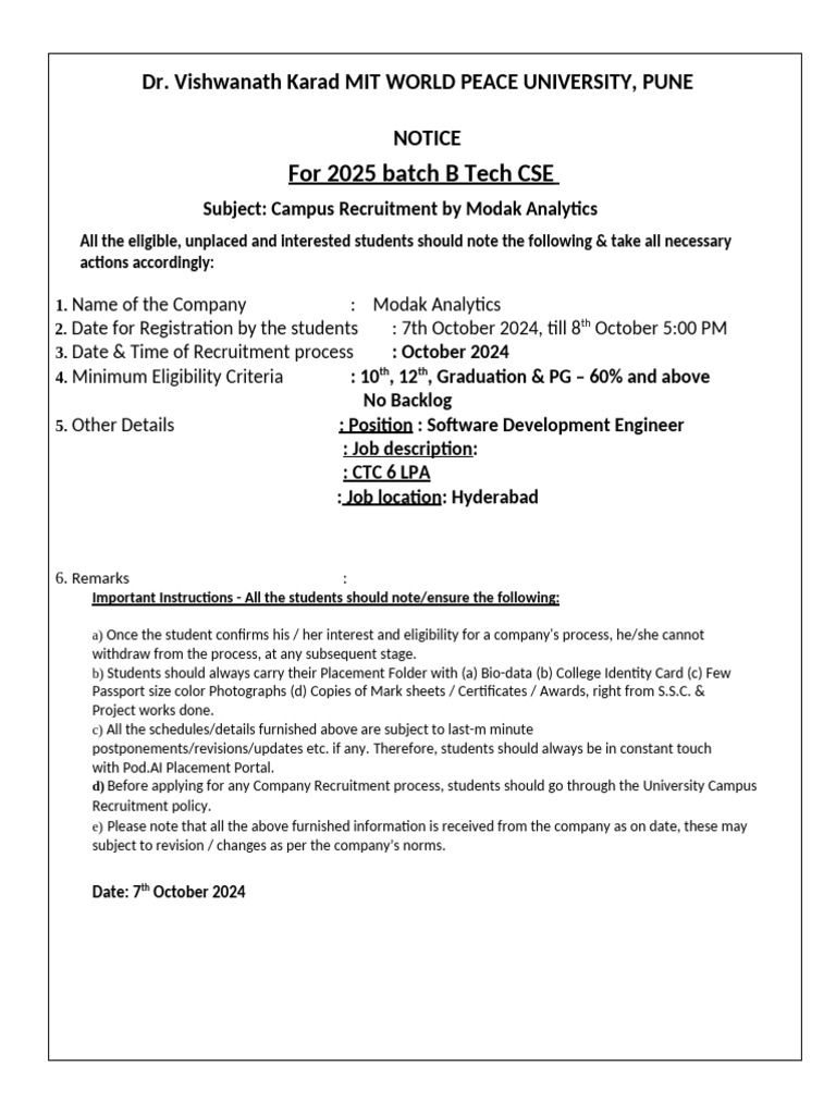 B Tech CSE 2025: Modak Analytics Jobs | PDF