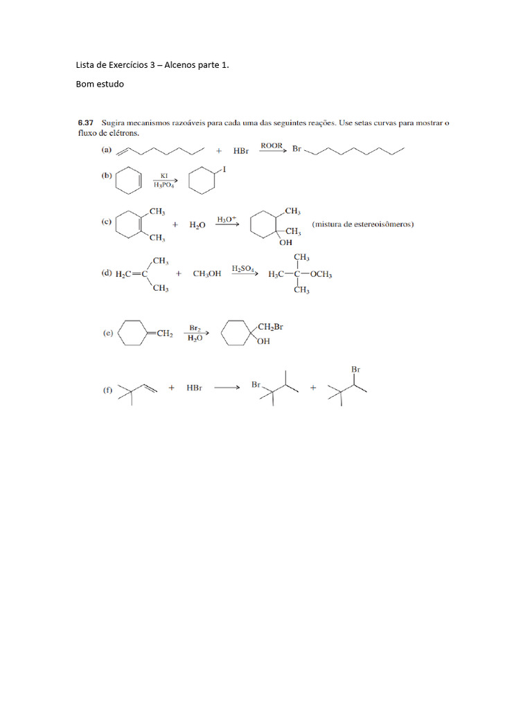 Lista de Exercícios 4 - Alcenos Parte 1 | PDF